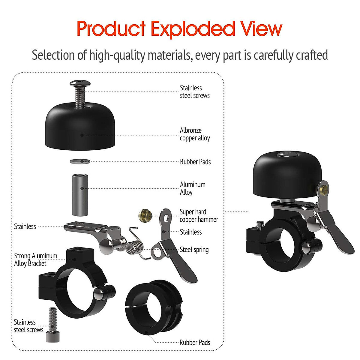 Bike Bell, Brass Bicycle Bell with Loud Long Sound Ringer for Adults and Kids, Road Bike and Mountain Bike Handlebars Cycling Accessories, Left and Right Hand Use