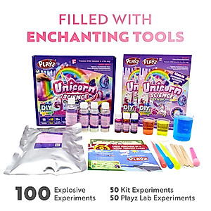 Playz Unicorn Slime & Crystals 100+ Science Experiments Kit Gift for Girls & Boys to Make Glow in The Dark Unicorn Poop, Snot, Fluffy Slime, Crystals, Putty, Arts & Crafts for Kids Age 8-12