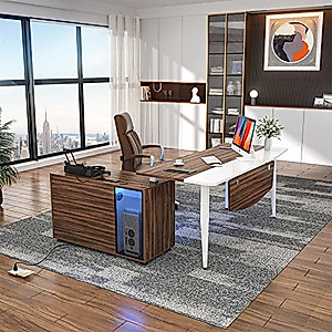 Unikito L Shaped Desk with File Cabinet and Power Outlet, 55 Inch Large Corner Computer Desks with LED Light Strip, L-Shaped Computer Desk with Door and Storage Shelves for Home Office, Walnut & White