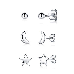 Bestwick Silver Stud Earrings for Women Girls Teenage, 3 Pairs 925 Sterling Silver Cute Round Ball Star Moon Stud Earrings, Hypoallergenic Small Cartilage Tragus Studs Earrings Set