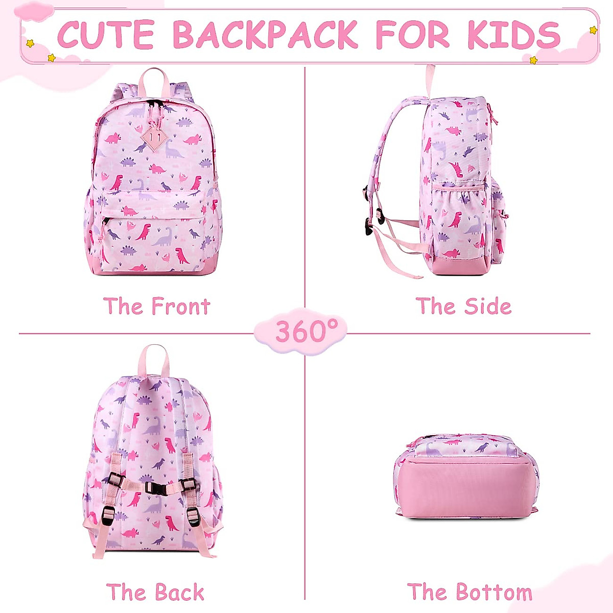 VASCHY Toddler Backpack for Girls, Cute Lightweight Water Resistant Preschool Backpack for Kindergarten Little Girls Bookbag Dinosaur