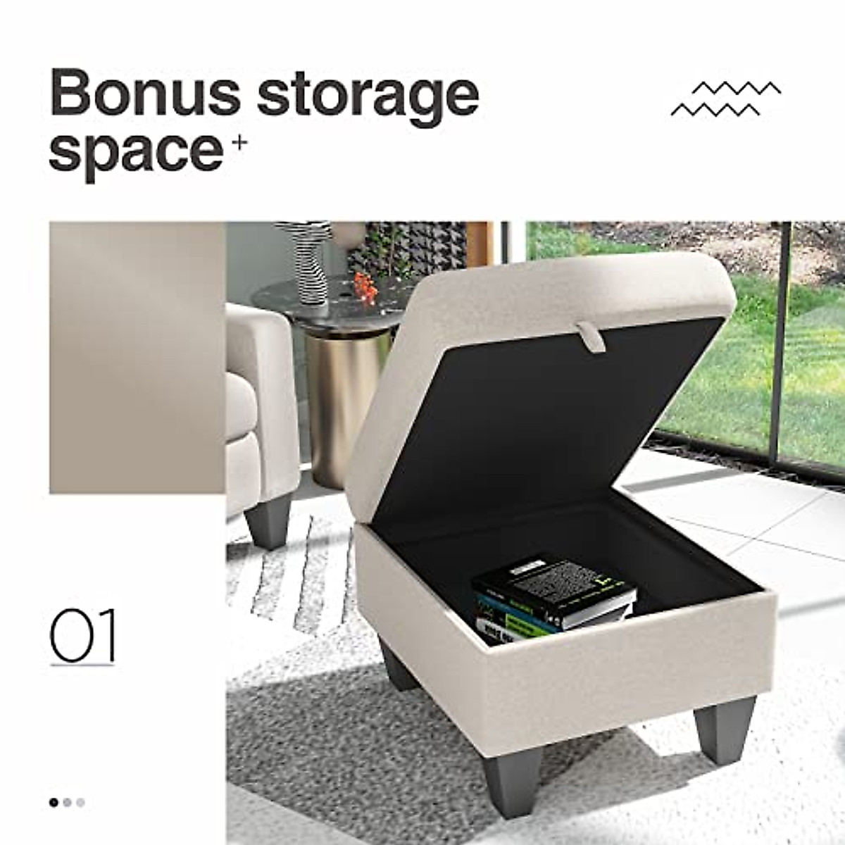 Beige Sectional Sofa Couch L Shaped Couchs with Ottoman Convertible 3 Seat Sofas for Living Room Small Space Apartment, Ottoman with Storage Space