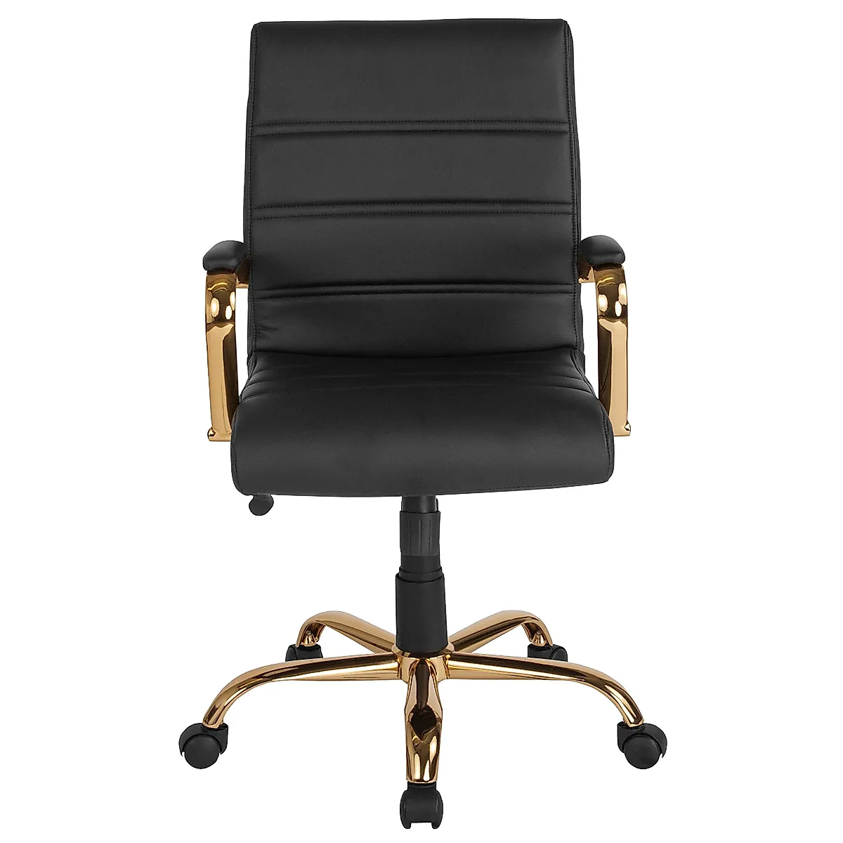 EMMA + OLIVER Mid-Back Black LeatherSoft Executive Swivel Office Chair with Gold Frame/Arms