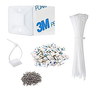 Strong Back-Glue Self Adhesive Cable Zip Tie Mounts Kit - 100 Set Cable Management Clips with 6" Zip Ties, Wire Holders and Screws - Outdoor Sticky Wire Organizer Clips - White