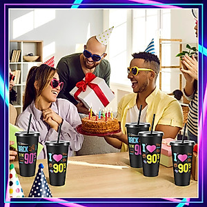 Uiifan 16 Pcs Back to the 90's Party Cute Reusable Cups with Lids and Straws 24 oz Cold Drinking 90's Retro Plastic Tumblers Bulk Funny Back to the 90's Party Decorations Supplies