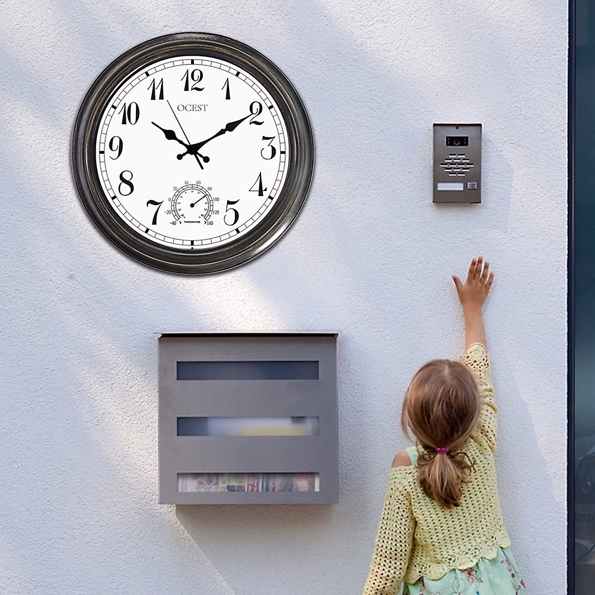 OCEST 16 Inch Large Analog Outdoor Wall Clock, Waterproof, Weather-Resistant, Non-Ticking, Battery-Operated, with Temperature Display, for Patio, Pool, Lanai, Fence, Porch, Garden, Bathroom