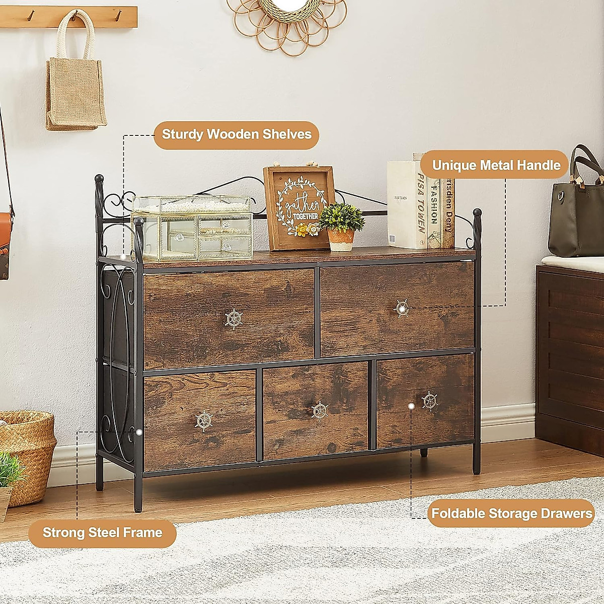 VECELO Dresser for Bedroom, Wide Chest of 5 Drawers, Storage Organizer Unit with Fabric Bins for Closet, Living Room, Hallway,Sturdy Metal Frame,Brown