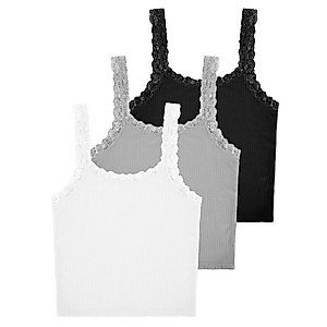 Sintege 3 Pcs Women's Lace Patchwork Tank Top Lace Camisole Tank Sleeveless Cami Crop Lacework Trim Y2k Tops(Large,Black, White, Gray)