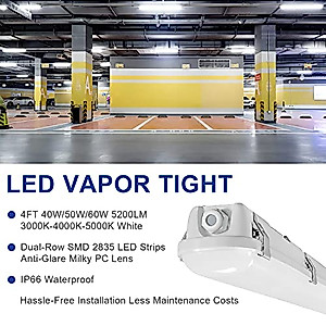 4FT LED Vapor Tight Light 40W/50W/60W Power Selectable,3CCT 3000k-4000k-5000k 5200LM Industrial Vapor Proof Parking Garage Light Fixture, Waterproof Shop Light for Cold Storage Warehouse (6 PACK)