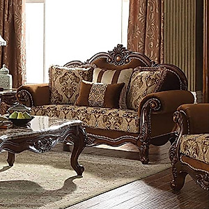 simple relax Cherry Oak Fabric Upholstered Wooden Loveseat with Rolled Arms