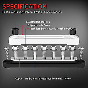 DaierTek Battery Bus Bar 12V Marine 7 x 1/4" (M6) Power Distribution Block with Cover 12V - 48V Positive & Negative Busbar Terminal Block for Automotive Car Boat