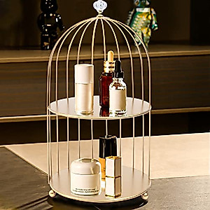 Gdrasuya10 Metal Makeup Organizer Birdcage Cosmetic Storage Rack Makeup Shelf 2 Tier Bird Cage Perfume Dessert Cupcake Rack Bathroom Storage Rack Golden