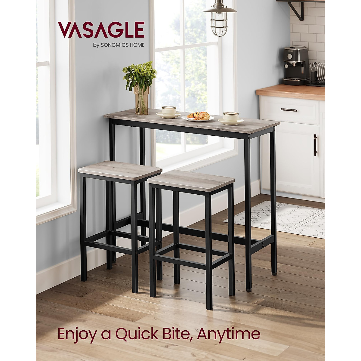 VASAGLE Dining Table Set, Bar Table and Chairs Set, Kitchen Bar Height Table with Stools Set of 2, Steel Frame, Industrial, 39.4 x 15.7 x 35.4 Inches, Heather Greige and Ink Black ULBT218B02
