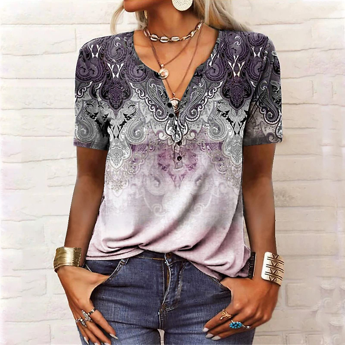 Blouses for Women Dressy Casual Sexy Women Daily Print V Neck Tops Short Sleeve Button Neck Tee Shirt Printed Flower