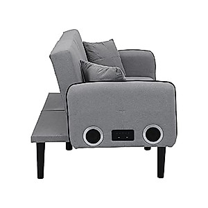 Lepfun Linen Fabric Ottoman Sofa Bed with Stereo, Adjustable Couch Bed, Modern Folding Recliner Sleeper Reversible Loveseat Convertible Daybed Sofa for Listening to Music, Reading & Relaxing, Gray