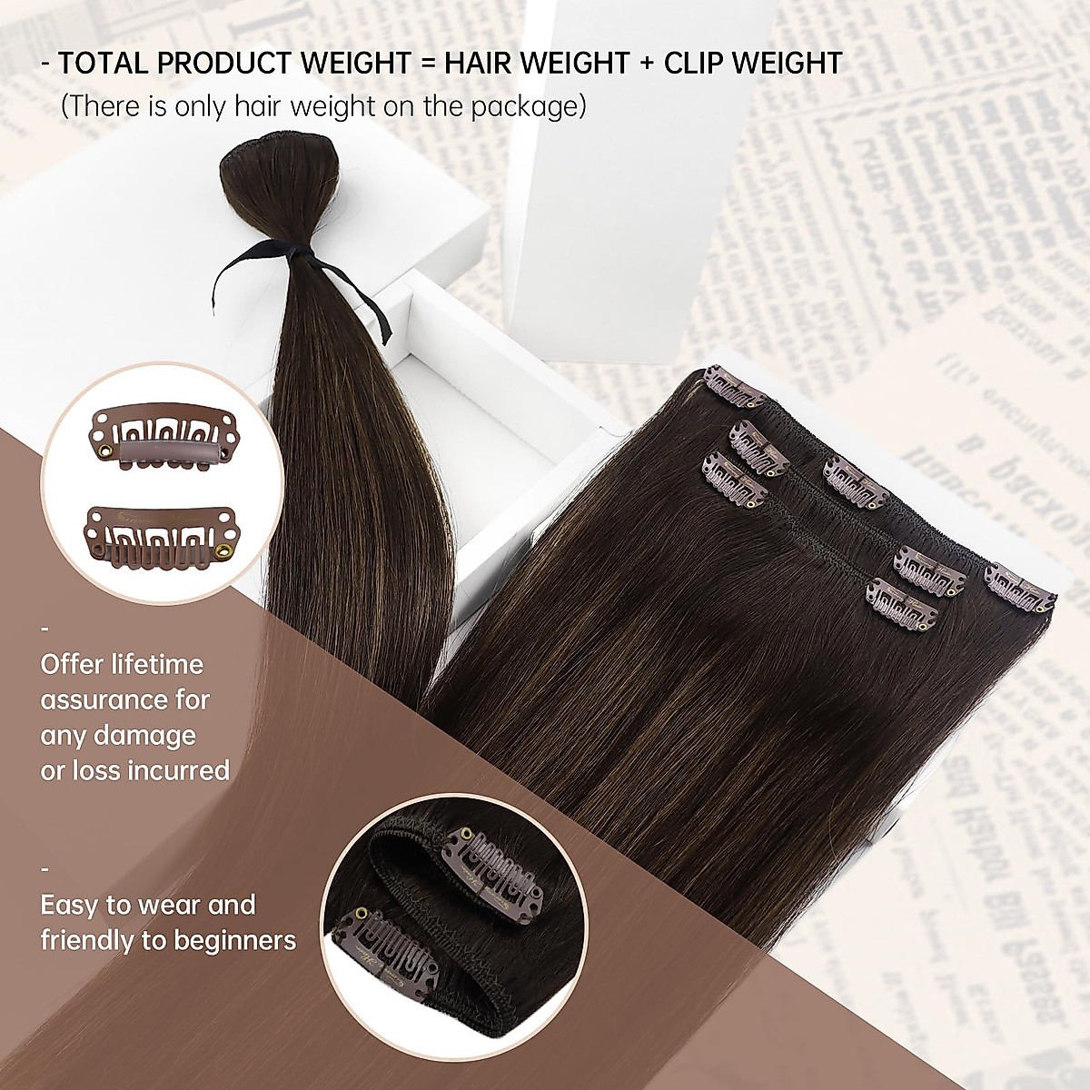 Sunny Hair Clip in Hair Extensions Straight Human Hair Clip in Extensions Remy Clip in Hair Extensions Real Human Hair Extensions Clip ins Dark Brown Ombre Medium Brown Balayage 18inch