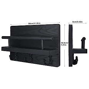 BIGLUFU Key Holder for Wall Key Hooks Rustic, Mail Shelf Organizer Wall Mount, Decorative Wooden Rack with Double Thick Hooks Home Decor for Entryway,Storage, Living Room,Kitchen(1 Pc Black)