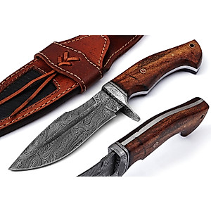 Ace Knife Full Tang Handmade Damascus Hunting Knife - Rose Wood Handle - Fixed Blade Knife with Leather Sheath-Camping Knife Ideal Gift for Men