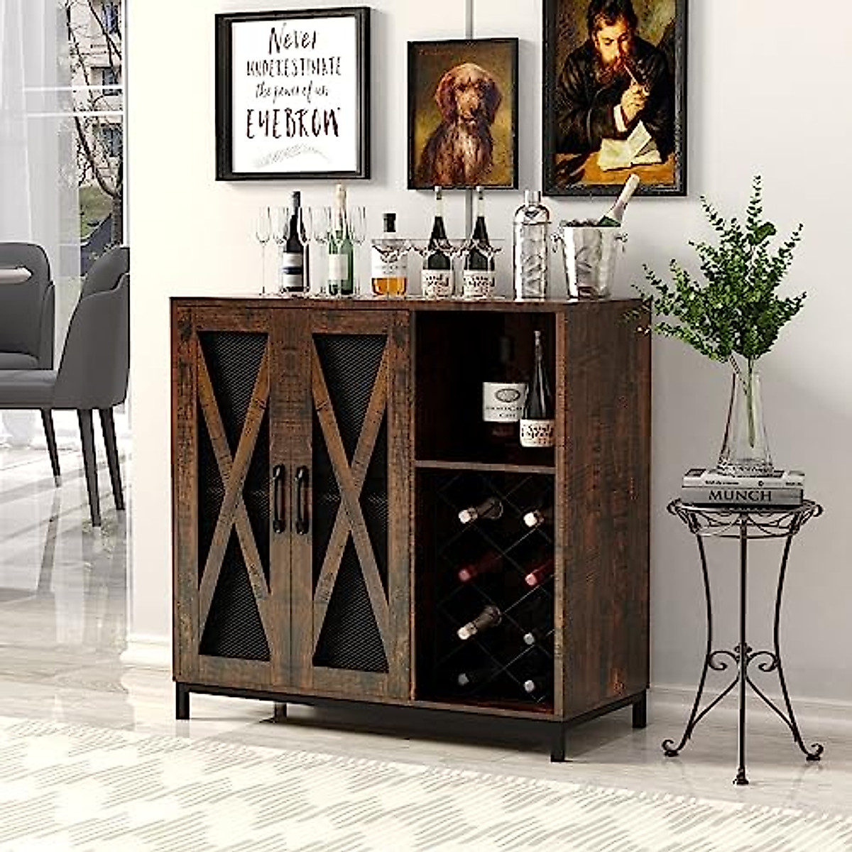 FROMJBEST Wine Bar Cabinet, Industrial Coffee Bar Cabinet with 2 Door and Shelf, Glass Holder, Accent Storage Cabinet, Buffet Sideboard for Dining Room, Kitchen