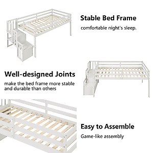 Twin Size Wooden Loft Bed Frames with Storage Staircase, Modern Country Loft Bed with Security Fence, Easy Assemble for Bedroom Small Living Space Boys Girls Adults Teens, Noise Free (White)