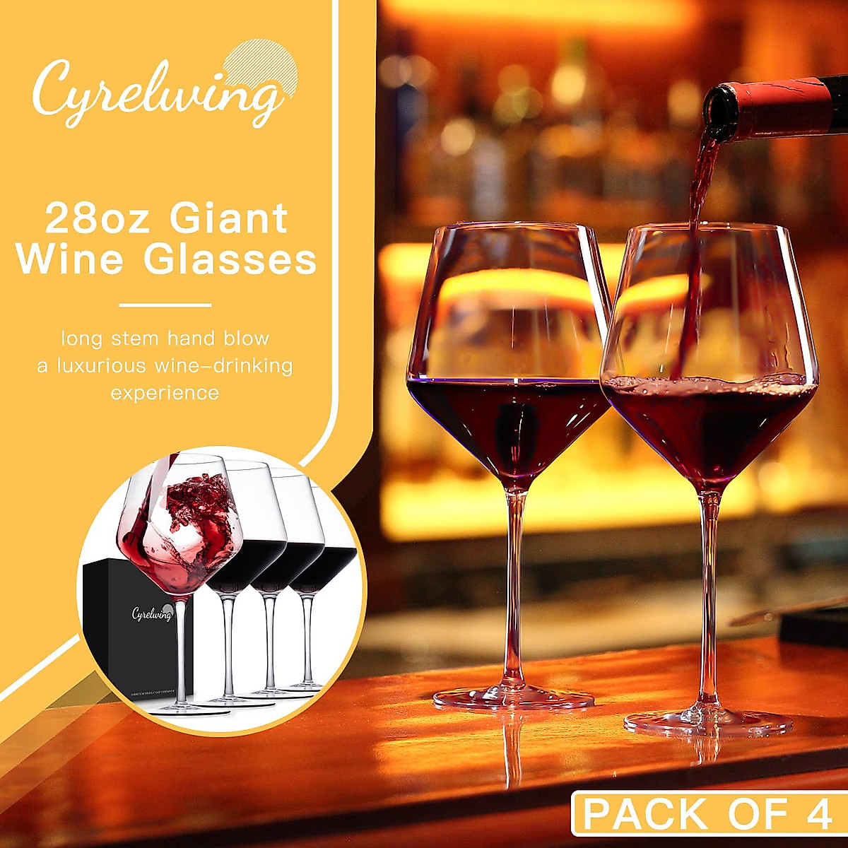 Cyrelwing Large Red Wine glasses set of 4-28oz Extra Large Red Wine Glasses set of 4 with stem-Hand Blown Crystal Big Red Wine Glasses-Light,Thin,Wine tasting Large Cabernet Sauvignon Glasses
