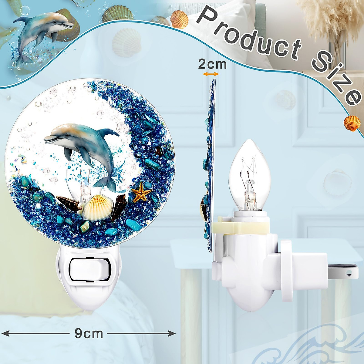 Hortsun Plug in Seashell Night Light Ocean Sea Animal Decorative Night Light Plug in Beach Nightlight Vintage Ocean Night Lamps for Adult for Home Bedroom Living Room Bathroom Wall(Dolphin)