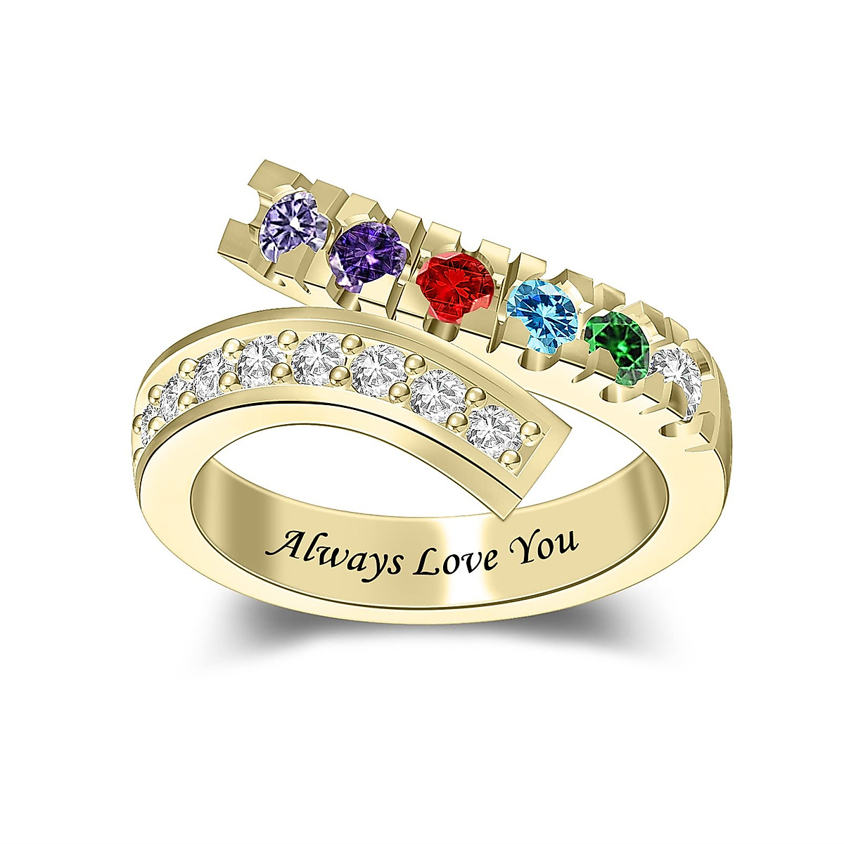 BAUMA AUTO Personalized Birthstone Rings for Mom, Mothers Rings with 1-6 Birthstones & Engraving Text Family Custom Birthstone Ring for Women Wife Daughter (5 Birthstones)