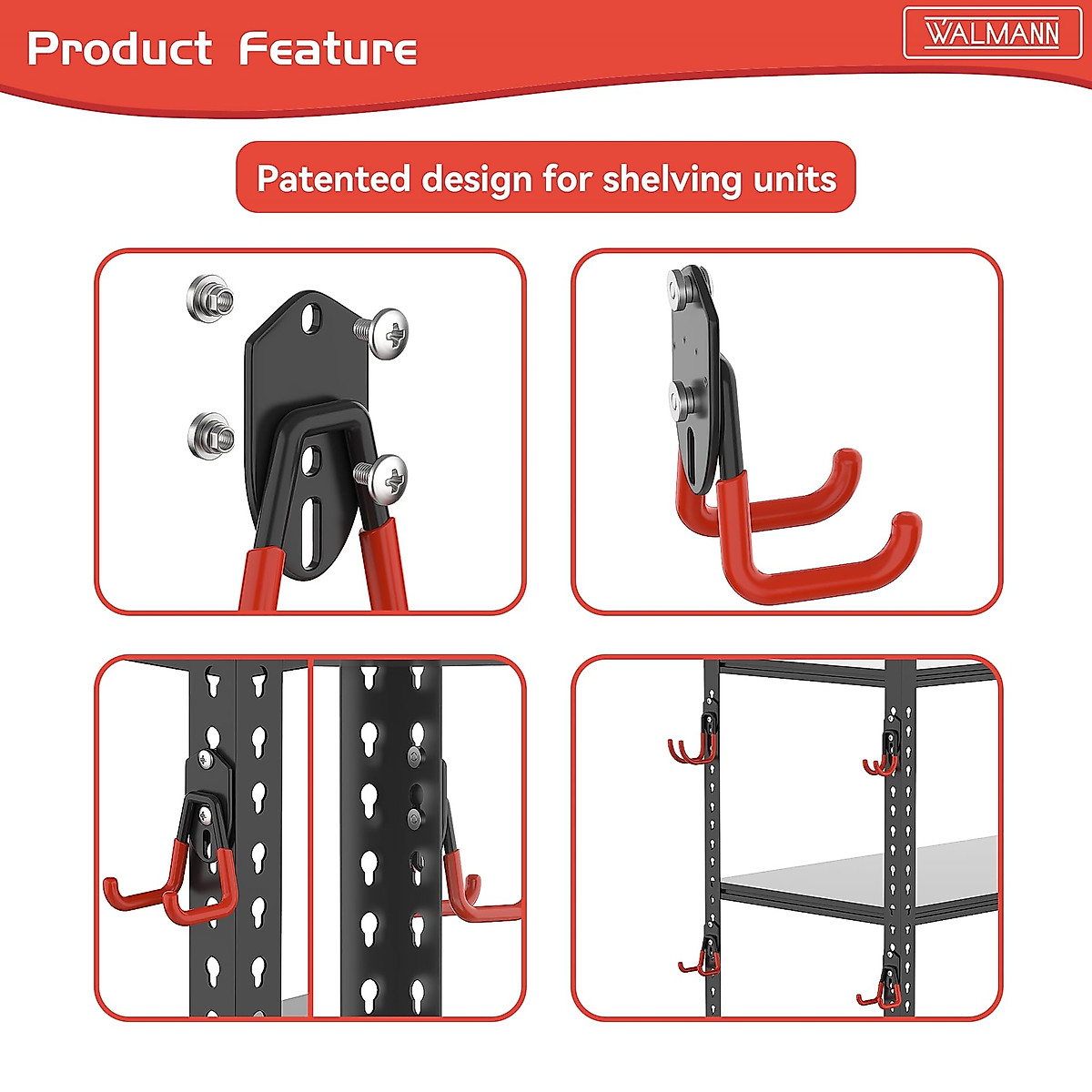 WALMANN 12PCS Garage Storage Hooks, Wall Mount Utility Hooks for Tools, Ladders, Cords, Folding Chairs, Shovels and Rakes, Shelving Hooks for Keyhole Shelving Units