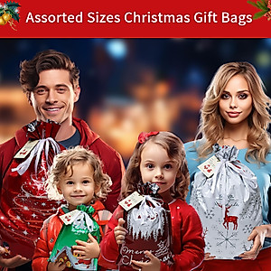 Christmas Gift Bags Assorted Sizes - 20PCS Drawstring Christmas Bags for Presents, Christmas Wrapping Bags Bulk, Plastic Xmas Favor Bags, 4 Designs (5 of Each) Extra Large/Big/Medium/Small Sizes