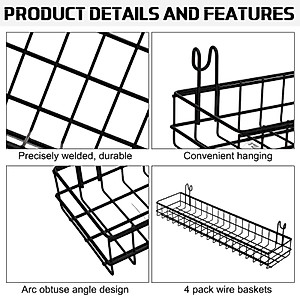 Blulu 4 Pcs Metal Grid Wall Baskets with Hooks Grid Wall Shelves Hanging Wire Basket Multi Function Storage Organizer for Kitchen Organizing Display(Black,15.75 x 3.94 x 1.97 Inch)