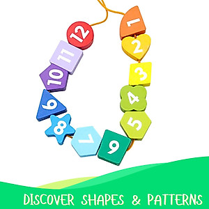LMC Products Wooden Clock with Lacing String & Shapes - Educational Learning Toys for 3 Year Olds & Up - Wooden Counting & Shape Sorting Toys for Toddlers