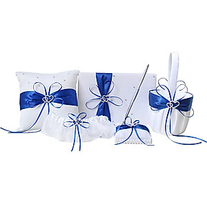 Amajoy 5pcs Sets Wedding Guest Book + Pen Set + Flower Basket + Ring Pillow + Garter, White Cover, Double Heart Rhinestone Decor Royal Blue Ribbon Bowknot Elegant Wedding Ceremony