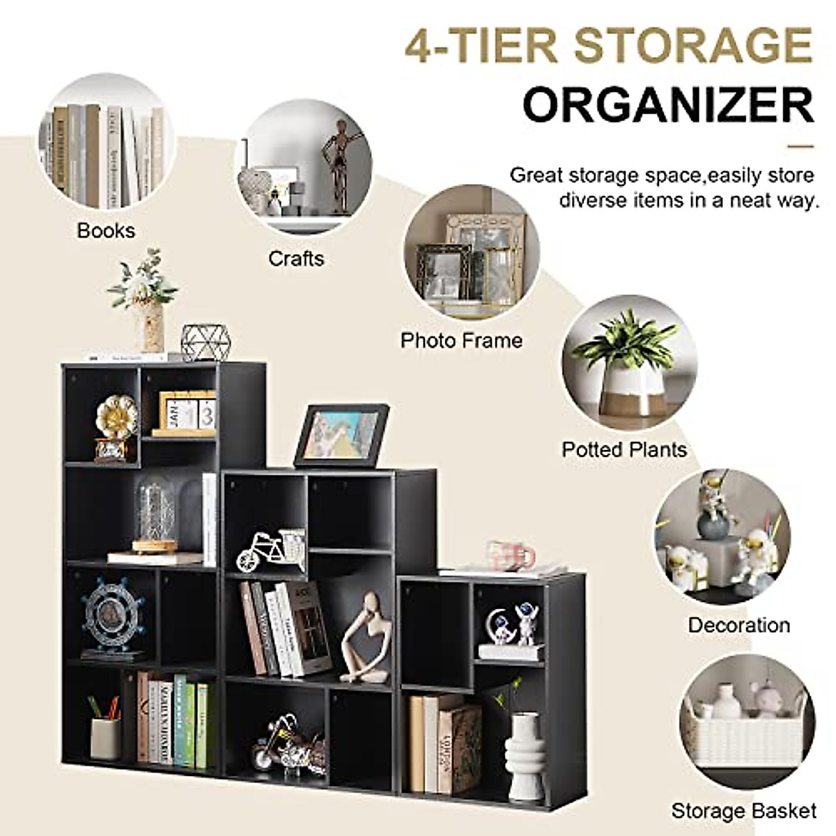 VECELO Wide 8-Cube Wood Organizer Bookcase Sets, Fits Tallest Hardcovers, 3-Tier Customized Storage Display Shelf, Free Standing for Living Room, Bedroom, Kids Room, Office, Black