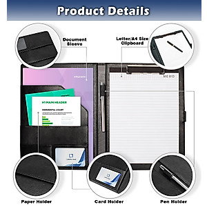 Clipboard Folder Padfolio, Business/Resume Portfolio Folder, Leather Padfolio Clipboard with Refillable Lined Notepad, Interview/Conference Document Portfolio Organizer for Women/Men, Black