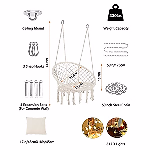 Wodeer Hammock Swing Chair with LED Light,Cushion and Hardware Kits,Handwoven Cotton Rope Macrame Hanging Swing Chair for Indoor, Outdoor, Patio, Bedroom.330 Lbs Capacity,for Almost Ages use,Beige