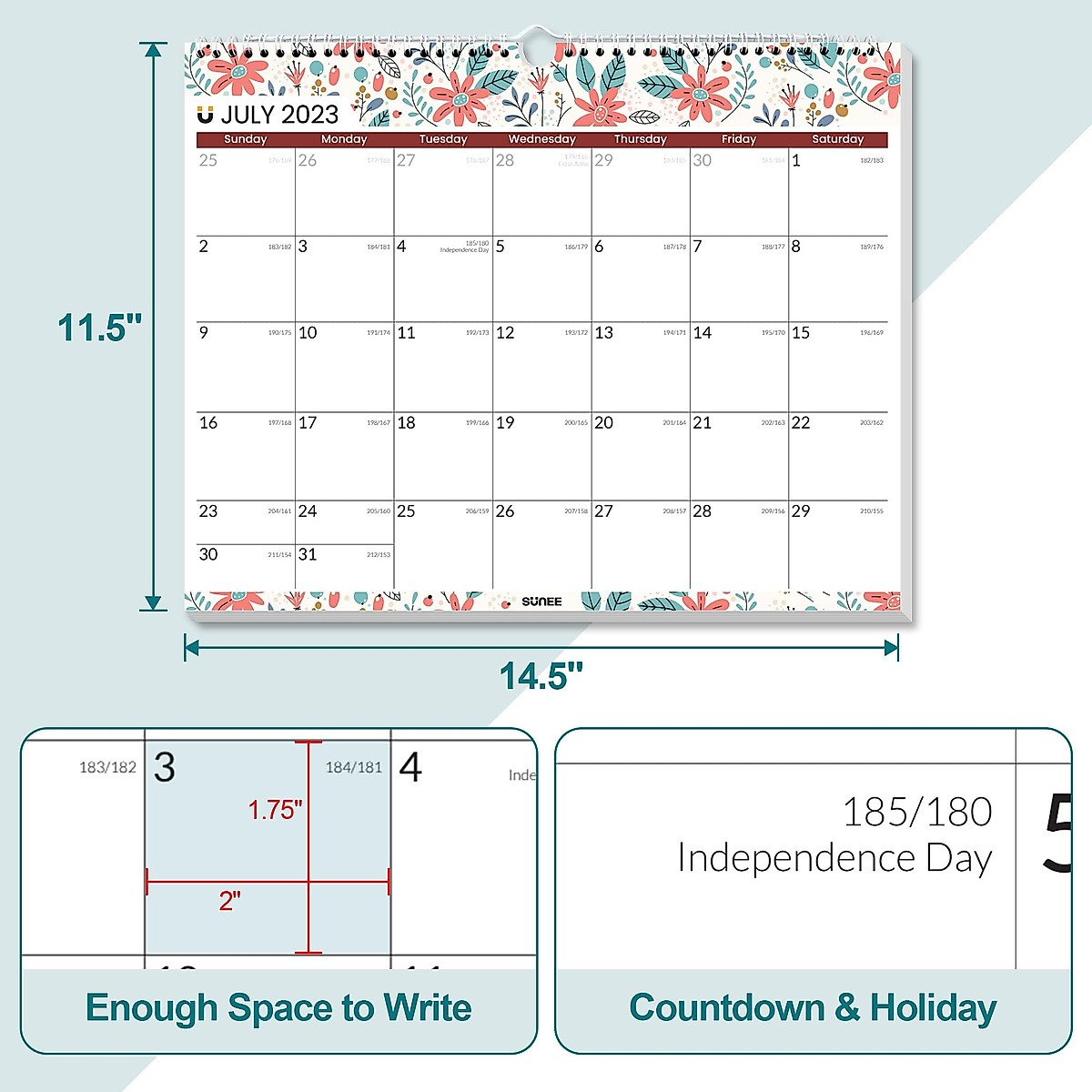SUNEE Wall Calendar 2023-24, Now to December 2024, 15 Months Large Monthly Calendar for Office, 14.5x11.5, Floral Decorative