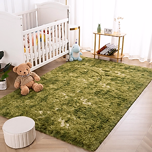 Maxsoft M Fluffy Shag Bedroom Rug, 4x6 Feet Tie-dye Green Area Rugs for Living Room Nursery Bedside, Fuzzy Plush Dorm Rug for Girls Kids, Furry Carpet for Indoor Modern Soft Home Decor