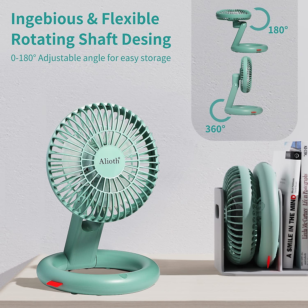 Alioth Portable Desk Fan, Personal Fan,Foldable and Rechargeable, 3 Speeds Super Quiet Battery Operated Fan for Office, Home, Outdoor (White)