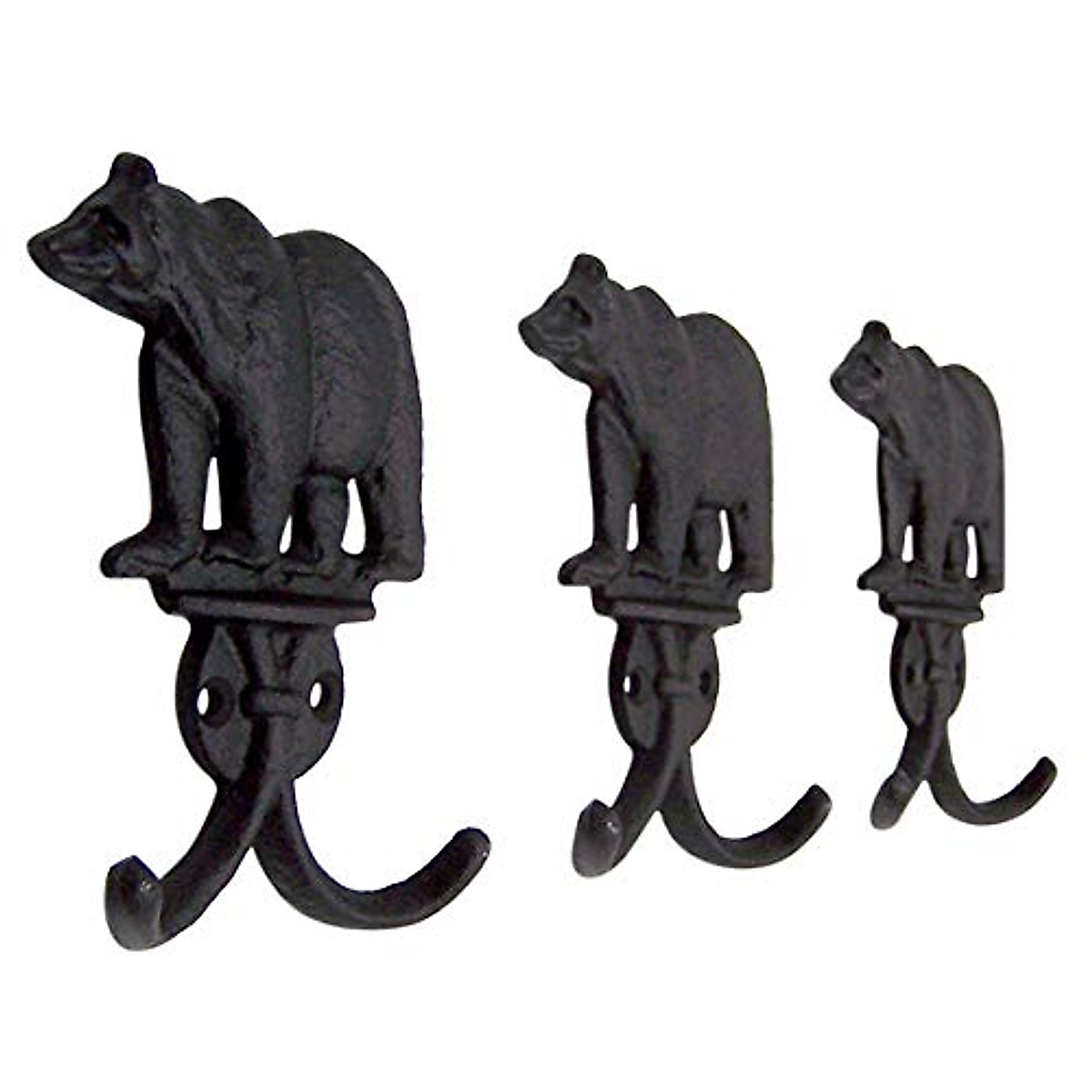 Rustic Black Bear Cast Iron Double Wall Hooks, Set of 3, 5.25 Inches