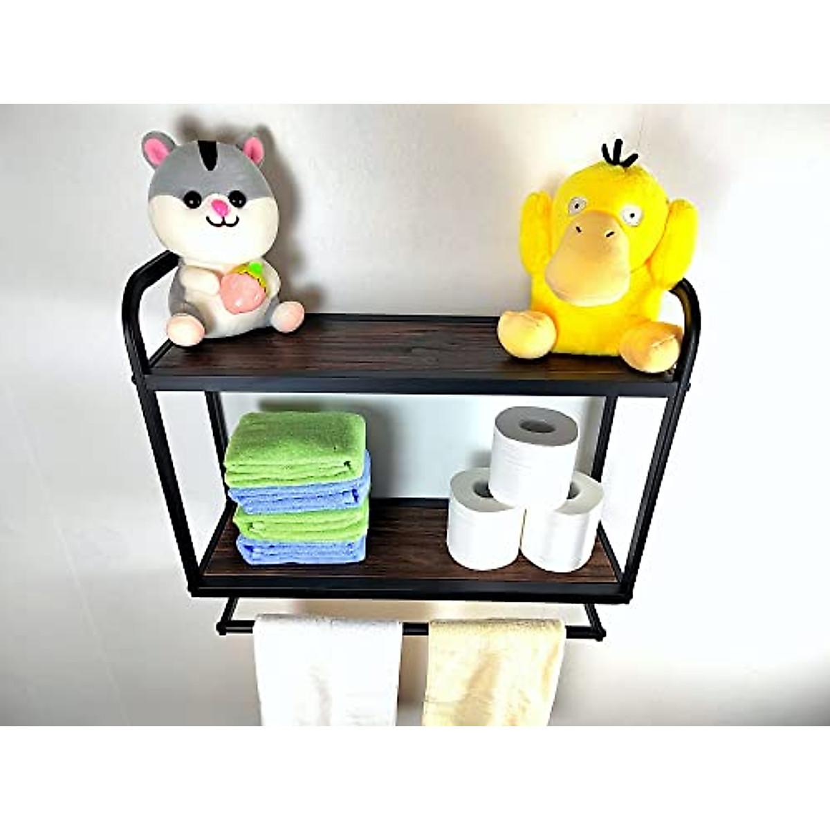 2-Tier Bathroom Shelves Wall Mounted,23.6"L x 7.87"W x 22.8"H, Rustic Wall Shelf Over Toilet,Towel Rack with Towel Bar,Utility Storage Shelf Rack, Floating Shelves Towel Holder,Retro Black