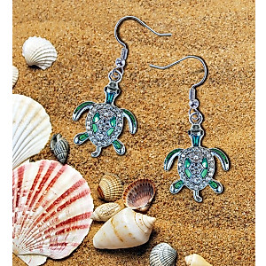 Puzzled Green Sea Turtle Sparkling Earrings - Cute Silver Fish Hook Dangle Earrings Plated in Silver Color with Zinc Alloy Dangling Charm Sparkly Pendant, Elegant Silver Earrings