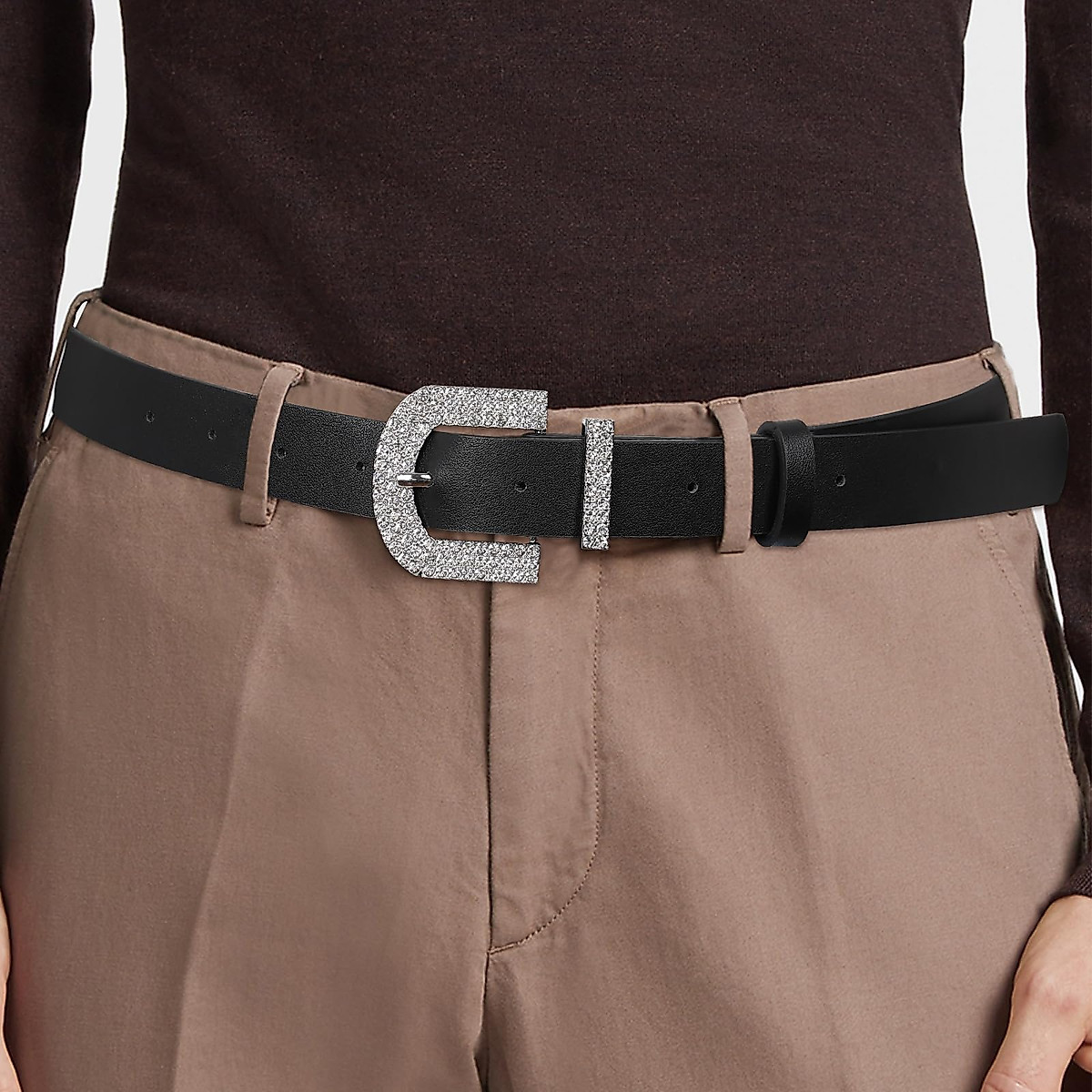 AWAYTR Rhinestone Buckle Belt for Women - PU Leather Plus Size Belts for Jeans and Dress (Black,100cm)