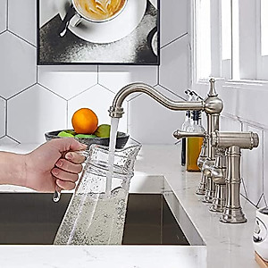 VCCUCINE Bridge Kitchen Faucet, 4 Hole Kitchen Faucet with Side Sprayer, Antique Brass 8 Inch Centerset 2 Handle Farmhouse Sink Faucet, Stainless Steel Kitchen Faucets for Sink 3 Hole