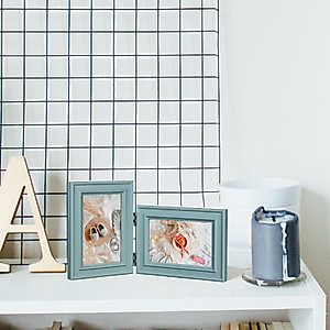 Tamolus 4x6 Double Hinged Picture Frame Folding Photo Frame Vertical and Horizontal in Teal Blue Pine Wood with Real Glass for Tabletop X3-LAN-SH46