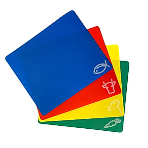 4pc Cutting Boards Flexible Plastic Color Coded Mats Food Icons Meat Vegetable Fish Chicken Chopping Small Busy Kitchen Countertops Catering Thanksgiving Picnic Dinner Party 9.75’’ x 11.75’’