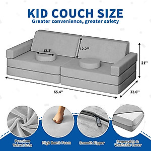 Neoriver Modular Kids Play Couch 10Pcs, 65.4" Kids Couch for Playroom Bedroom, Multifunctional Modular Toddler Couch, Over 10 Combinations Creative Sofa for Imaginative Kids -Grey