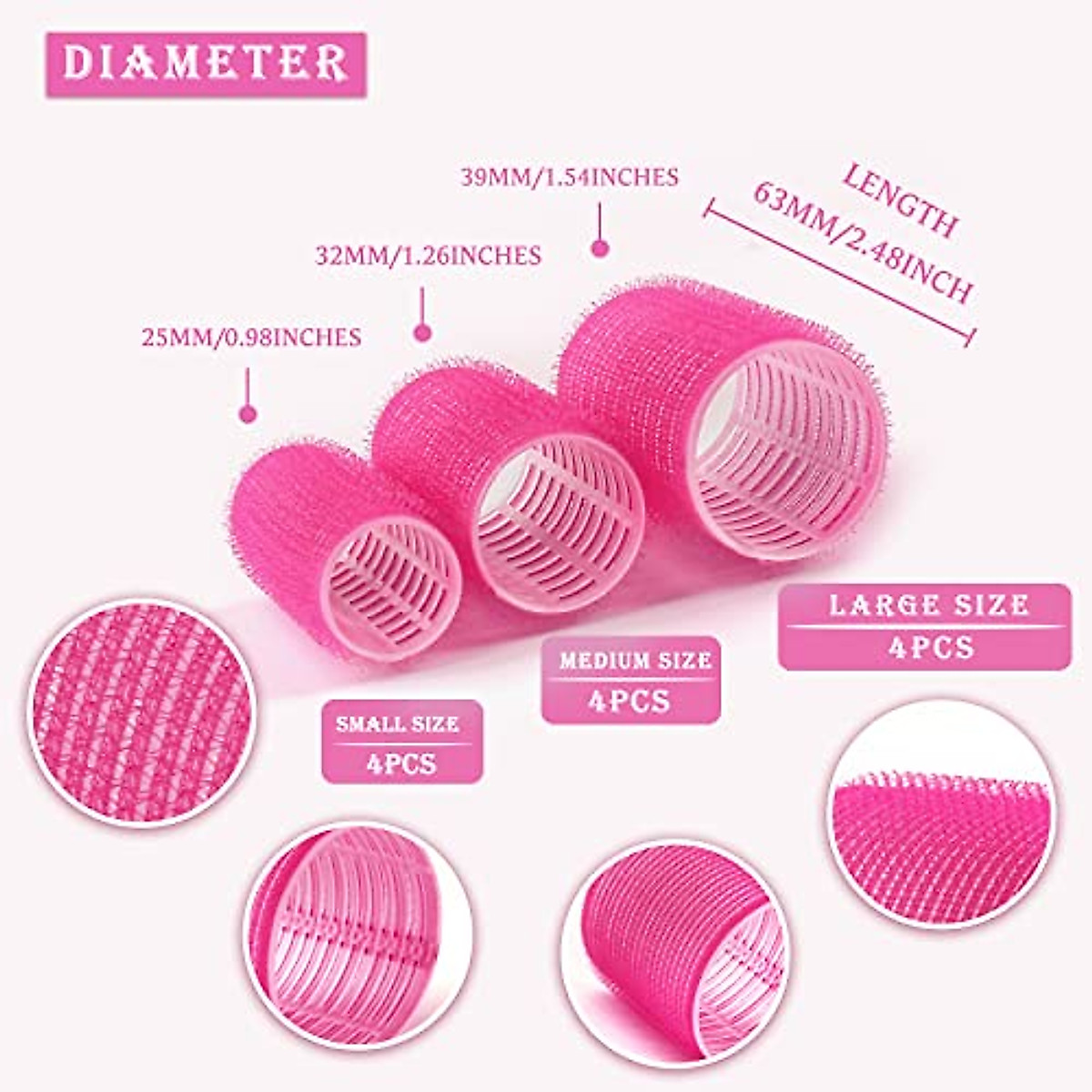 Velcro Volume Hair Rollers Set - 12 Jumbo Self-Grip Heatless Curlers for Long, Medium, Short, Thick, Fine, and Thin Hair with Bangs (3 Sizes)