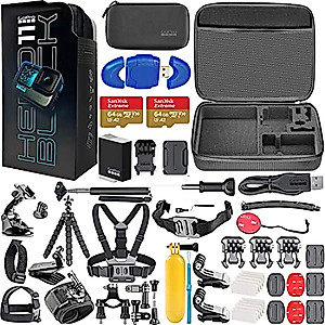 GoPro HERO11 (Hero 11) Black - Waterproof Action Camera with 5.3K HD Video, 27MP Photos, Live Streaming, Webcam + 2pc 64GB Memory Card, High Speed Card Reader + Hero 11 Action Bundle (59 Items)