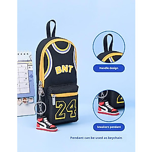 UIVXXUD Basketball Jersey-style Large Opening Large Capacity Simple Vertical Canvas Pencil Bag Pencil Case Pencil Holder - Include Sneakers Pendant and Pen (Black)