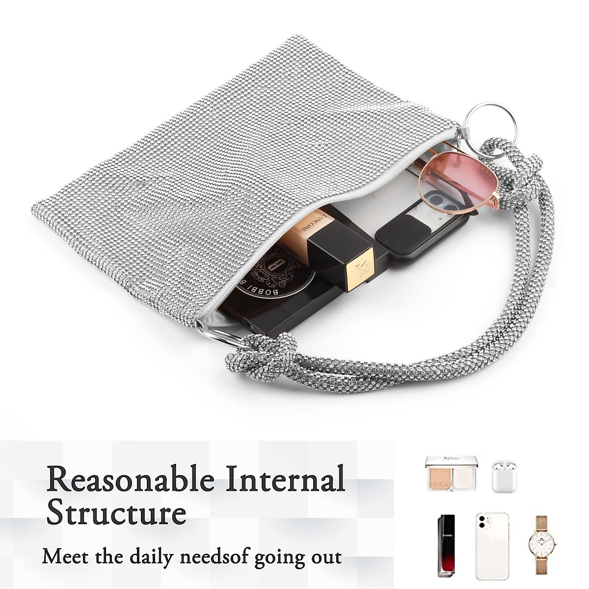 AOYUNHUI Rhinestone Hobo Bag Shoulder Handbags Crystal Evening Clutch Bag for Wedding Reception-Sliver